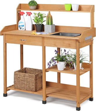 Yaheetech Pflanztisch mit Waschbecken, Holzpflanztisch G&auml;rtnertisch Blumentisch Wetterfest mit Schubladen & Verstellbaren Ablagefl&auml;che & Haken f&uuml;r Terrasse Gart