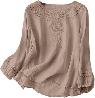 Generic Chemisier Femmes Coton Lin Grande Taille De Loisirs Chemises Ete &Agrave; Manches Longues &Agrave; Col en V Amples Haut L&eacute;ger Confortable Tunic &Agrave; La Mode Coton Et L