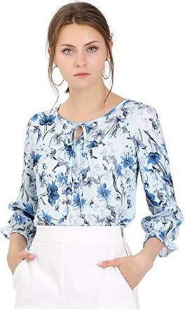 Allegra K Femme Cravate V Cou D&eacute;contract&eacute; &agrave; Volants Manches 3/4 Floral Blouse Tops Bleu M