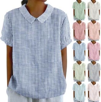 Generic Chemisier rayé élégant pour femme - Col Peter Pan - Manches courtes - Haut rayé - Tunique ample - Chemisier dété - Chemisier pour femme, rouge, M