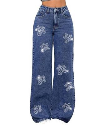 Generic Y2k Jean long pour femme avec strass et strass, coupe droite, ample, polyvalent, jambe large, bleu fonc&eacute;, L