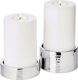 Edzard 2er Set Kerzenhalter Luca, Edelstahl gehämmert hochglanzpoliert, Durchmesser 9,5 cm, Höhen 2,5 cm und 5 cm, für Stumpenkerzen Ø 8 cm, ideal für die Da