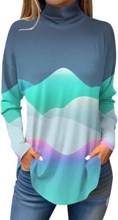 Generic Pull long pour femme, à porter avec des leggings, chemises imprimées ethniques florales, tunique à col montant, tenues à épaules tombantes, hauts cour