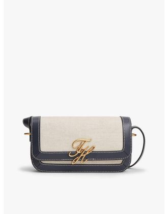 Tommy Hilfiger Canvas-Umh&auml;ngetasche in Blau-Bunt mit Lederbesatz