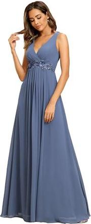 Ever-pretty Robe Mariage Invitée Femme Longue Plis de Fleurs Décolleté en V sans Manches A Line Chic Bleu Denim 44