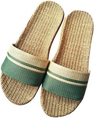 Minetom Unisexe Chaussons Femmes Hommes Maison Pantoufles Flip Flops Tongs en Lin Rayures Sandales Slipper DÉté pour Salle de Bains Plancher Piscine Plage Gym