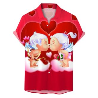 Generic Herren Valentinstag Hemd Kurzarm Herz Amor Schl&uuml;ssel Druck Bunt Hawaiihemd M&auml;nner Button-Down Strandhemd Sommer Freizeit Party Top Regular Fit Lustige