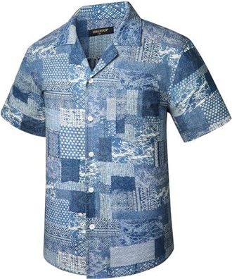 Hisdern Chemise Hawaïenne Homme Manche Courte Coton Imprimer Chemises Hawaii Homme Button Down pour Vacances Festival Fête Bleu 2XL