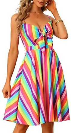 Allegra K Robe dété pour Femme avec col en V et noeud Avant Swing Spaghetti Strap Robes Arc-en-Ciel M