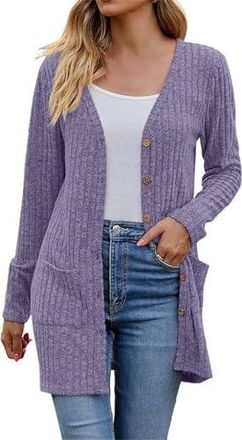 Generic Cardigan long et l&eacute;ger pour femme - Cardigan basique c&ocirc;tel&eacute; - Cardigan d&eacute;contract&eacute; en tricot avec poches - Manteau long de printemps - V&ecirc;tement dext&eacute;r
