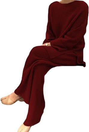 Onsoyours Damen 2 Stück Strickanzug aus Langarm Strickpullover Und Lange Jogginghose Zweiteilige Beiläufig Outfit Freizeitanzug Sportanzug Loungewear Set C Burg