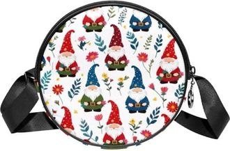 Generic Petit sac &agrave; bandouli&egrave;re rond pour femme, motif nains de nains floraux, avec fermeture &eacute;clair, bretelles r&eacute;glables, sac &agrave; main rond d&eacute;contract&eacute; pour fe