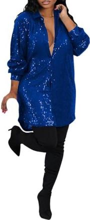 Generic Robe chemise ample &agrave; paillettes pour femme Printemps/Hiver Robe courte de demoiselle dhonneur Grande taille, bleu, 3XL