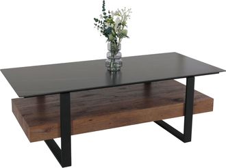 Mendler Couchtisch HWC-L88, Wohnzimmertisch Tisch, Ablage Eisen 43x120x60cm Sinterstein Marmor-Optik schwarz Holz Dunkelbraun