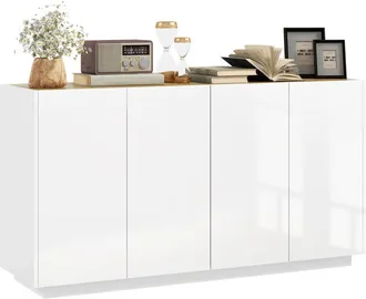 HOMCOM Homcom - Buffet design contemporain blanc laqu&eacute; plateau aspect bois clair - dim. 140L x 40l x 75H cm - 4 portes, 2 &eacute;tag&egrave;res