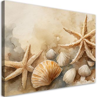 Feeby Leinwandbild - Bilder Wohnzimmer - Strand Muscheln wie gemalt - 90x60 1tlg - Deko Schlafzimmer - Wanddekoration - Aesthetic - Gro&szlig; Moderne Bild - Foto