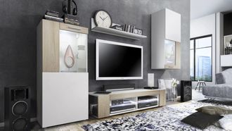 Vladon Wohnwand Movie, Anbauwand bestehend aus 1 TV-Board, 2 Vitrinen und 1 Regal, Weiß matt/Weiß matt/Eiche Sägegrau, inkl. LED-Beleuchtung weiß (Gesamt: 30