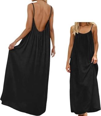 Generic Robe longue caraco dos nu pour femme, sans manches, couleur unie, dos ouvert, robe d&eacute;t&eacute; pour la plage, les vacances, la maison avec noeud dans le dos,