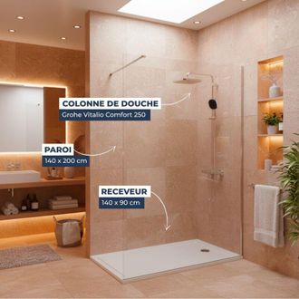 GROHE Dusch-Komplettset - Walk-In Duschwand 140x200 Chrom + Grohe Vitalio 2 Strahlarten + Gussmarmor-Duschwanne Wei&szlig; 140x90