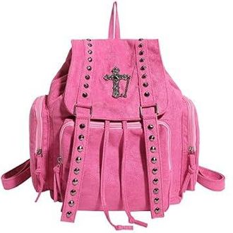 Generic Sac &agrave; dos d&eacute;cole gothique Punk pour femmes, grand sac &agrave; dos &agrave; Rivets avec cordon de serrage (rose)