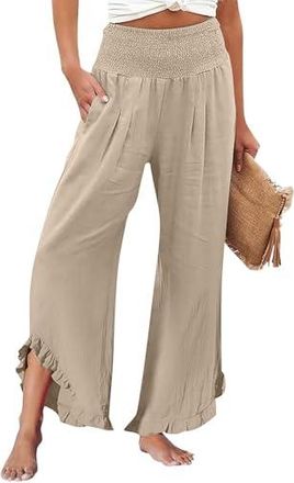 Generic Pantalon en lin pour femme - Coupe ample et d&eacute;contract&eacute;e - Taille haute - &Eacute;lastique - En coton et lin - Avec poches irr&eacute;guli&egrave;res - Jambe large - Panta