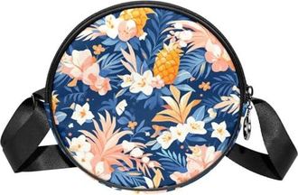 Generic Petit sac &agrave; bandouli&egrave;re rond pour femme, motif ananas avec fermeture &eacute;clair, bretelles r&eacute;glables, sac &agrave; main rond d&eacute;contract&eacute; pour femmes et filles