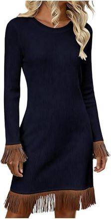 Generic Robe tunique d&eacute;contract&eacute;e en tricot &agrave; manches longues pour femme - Col rond - Ourlet &agrave; franges - Style boh&egrave;me - Pour le printemps et l&eacute;t&eacute;, bleu marine