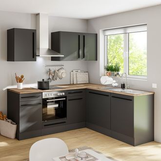 Casa home24 Eck-K&uuml;chenzeile 220cm Schwarz/Matt Schwarz mit Elektroger&auml;ten