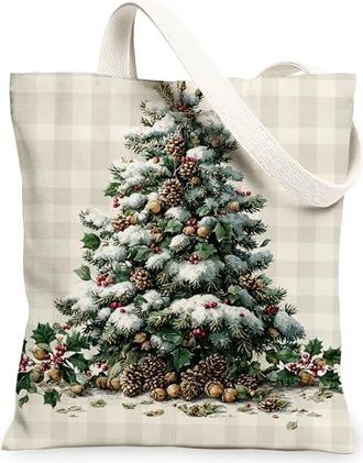 Generic Sacs fourre-tout vintage en toile, motif sapin de No&euml;l rustique, sacs d&eacute;picerie, sacs d&eacute;picerie r&eacute;utilisables, l&eacute;gers et lavables en toile pour le sho