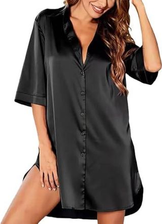 Generic Ensembles De Pyjama Femme Chemise de Nuit boutonnée à Manches Courtes pour Femmes, Chemise de Nuit Douce et décontractée, Pyjama avec Poche Sexy Nuise