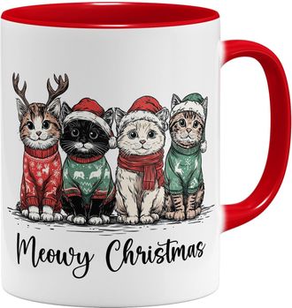 OM3 Meowy Christmas Kaffee-Tasse mit s&uuml;&szlig;en K&auml;tzchen - Weihnachtstasse 4 niedliche Katzen - Keramik Becher - 325ml - Beidseitig Bedruckt - Rot