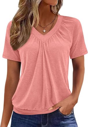 Onsoyours Tshirt Damen V-Ausschnitt T-Shirt Sommer Oberteile Kurzarm Longshirt Causal Falten Tops A Koralle XXL