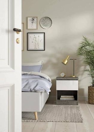 Dmora Nachttisch Annette, Niedrige Kommode, Tisch, Multifunktionaler Nachttisch, 40x40 h50 cm, Zement und Weiß