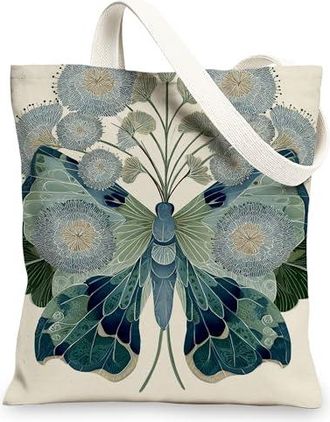 Generic Sac fourre-tout en toile motif papillon, motif floral artistique, sacs de courses réutilisables, sacs à bandoulière vintage légers et lavables pour vo