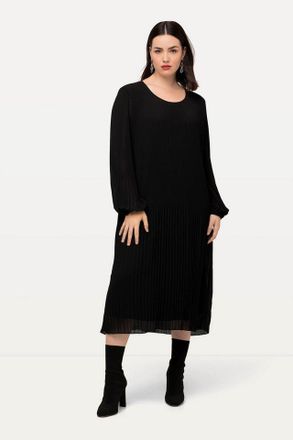 Ulla Popken Midikleid Plissee-Midikleid A-Linie Rundhals Langarm