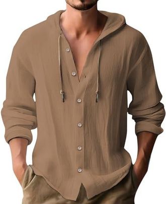 Generic Chemise en lin pour homme - Coton et lin - Sweat &agrave; capuche - Manches longues - Chemise d&eacute;t&eacute; &agrave; manches longues avec capuche - Boutonni&egrave;re - Couleur uni