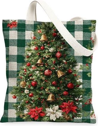 Generic Sac fourre-tout vintage en toile verte, motif sapin de No&euml;l festif, sacs de courses r&eacute;utilisables, l&eacute;gers et lavables avec bandouli&egrave;re, Vert, 13x15 In