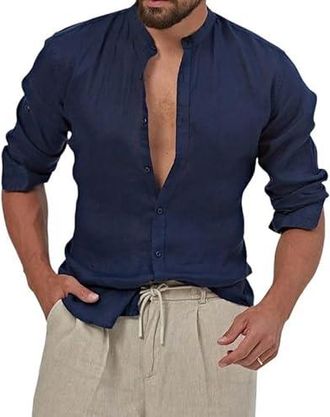 Generico Chemise en lin pour homme, manches longues, style décontracté, col Mao, fraîche et légère pour lété, la plage ou la fête Ibicenca, bleu foncé, XS