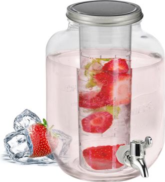 Oramics Getr&auml;nkespender mit Fr&uuml;chte Eisw&uuml;rfel Einsatz Zapfhahn und Deckel 4 Liter Wasserspender Glasbeh&auml;lter Karaffe mit K&uuml;hleinsatz f&uuml;r Kaltgetr&auml;nke Wasser L