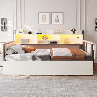 Merax Multifunktionales Sofabett 90x200 cm mit LED & Steckdose, klappbarem Schreibtisch, 2 Schubladen und Stauraum, Metallrahmen mit R&uuml;ckenlehne - Tagesbett