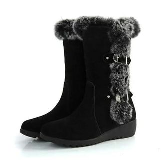Generic JJDFW Bottes dhiver d&eacute;contract&eacute;es chaudes en fourrure mi-mollet pour femme &agrave; enfiler Bout rond Cales neige Grande taille, Noir, 41 1/3 EU