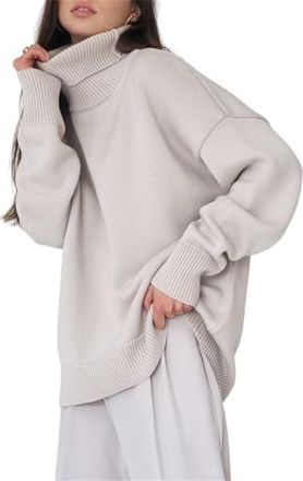 Generic Pull oversize &agrave; col roul&eacute; d&eacute;contract&eacute; et manches longues pour femme - Pull ample en tricot pour lautomne et lhiver, gris, S