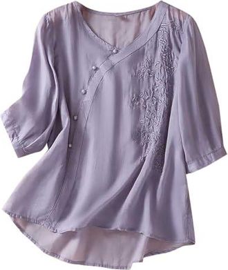 Generic Chemisiers en lin pour femme &agrave; manches 3/4 vintage avec broderie boutonn&eacute;e et manches courtes - Hauts d&eacute;contract&eacute;s pour femme - V&ecirc;tements boh&egrave;mes, vio