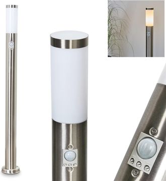 HOFSTEIN Außenwegeleuchte Sessa mit Bewegungsmelder, moderne Sockelleuchte aus Metall/Kunststoff in Nickel-matt/Weiß, Wegeleuchte 110 cm, Gartenlampe m. E27, G