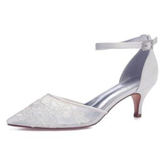 Generic Femme &Eacute;l&eacute;gant Mariage Talons Bas Bout Pointu Talon Aiguille Dentelle Kitten Heel Chaussures De Mari&eacute;e 6Cm,Blanc,36 EU