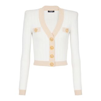 Balmain Femme, Pulls, Blanc, Taille: 34 FR Cardigan court en maille &agrave; bordures dor&eacute;es