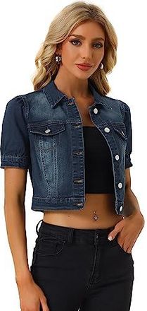 Allegra K Veste en jean délavé avec fermeture à boutons et manches courtes bouffantes pour femme, noir foncé, XL