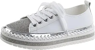 Rismart Femmes Mode Plateforme Baskets Strass Low Top Lacets Extérieur Marche Chaussures Blanc, 38.5 EU
