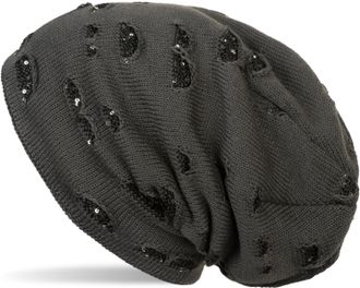 styleBREAKER warme Feinstrick Beanie Mütze im Destroyed Pailletten Look und weichem Fleece Innenfutter, Slouch Longbeanie, Damen 04024127, Farbe:Dunkelgrau