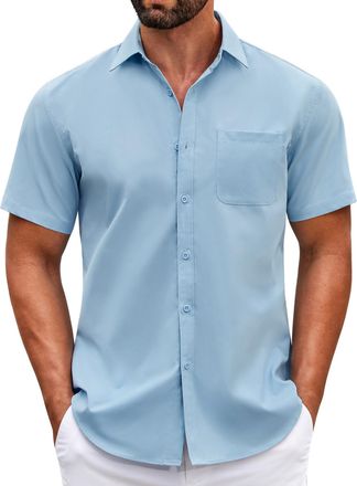 Coofandy Kurzarm Hemd Herren Sommer Casual Businesshemden Regular Fit Button Down Basic Hemden Shirt mit Tasche Blau XL
